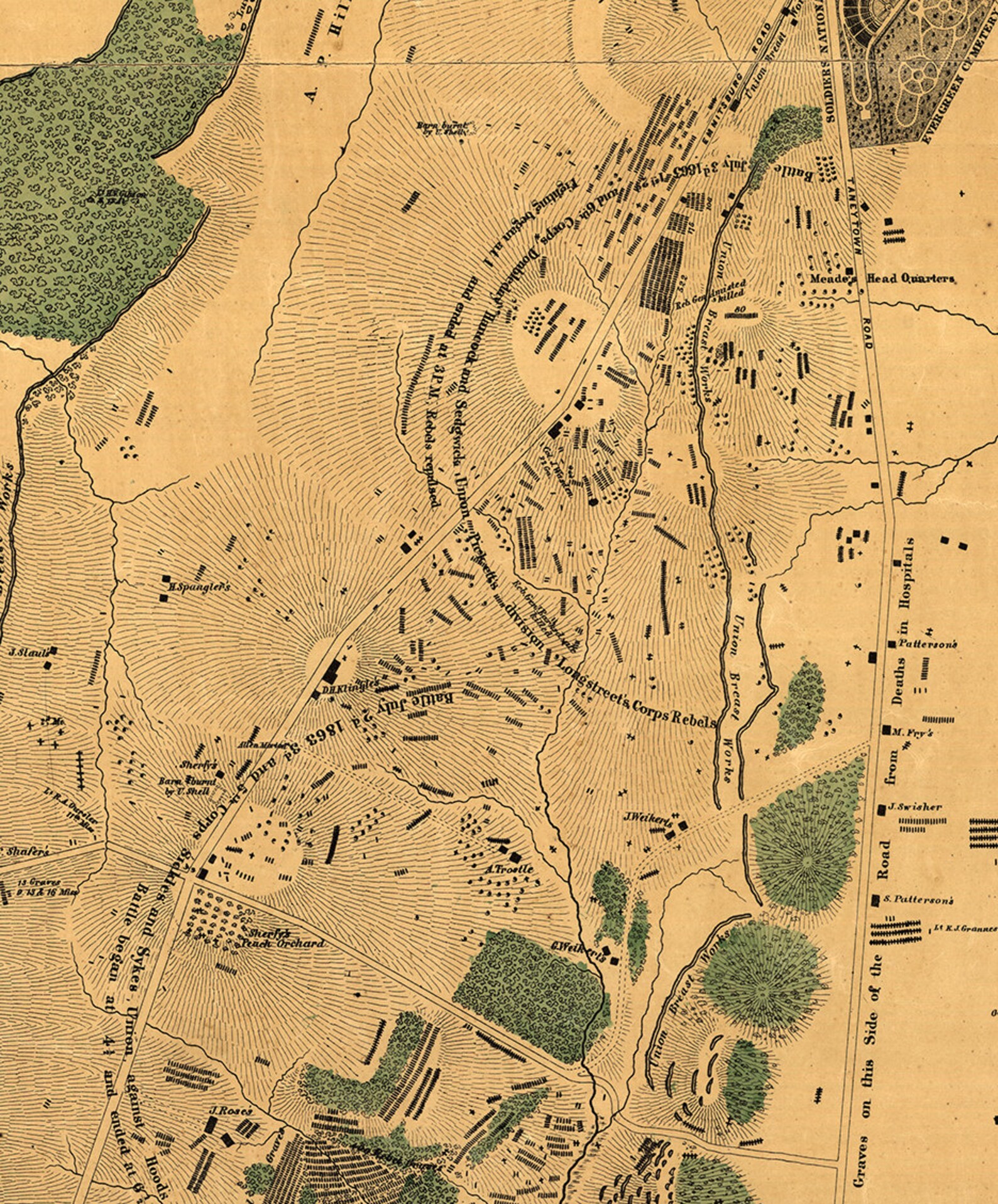 Map of the Battlefield of Gettysburg Historical Map, 1864. Vintage ...