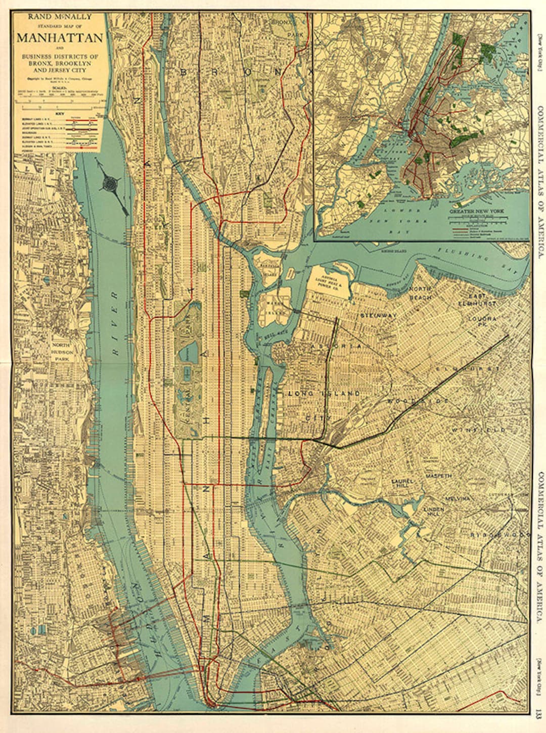 Map of Manhattan, New York City Vintage Reproduction Map. 1922 ...