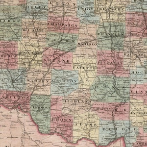 Map of Ohio OH Including County Line, 1851. Vintage Home Deco Style Old ...