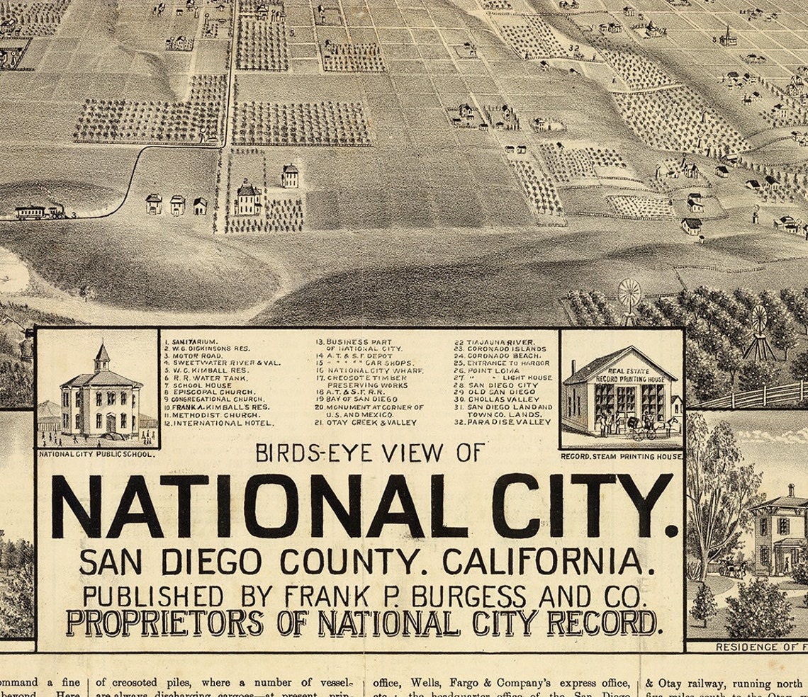 Map of National City, San Diego, CA. 1887 Vintage Restoration Hardware ...