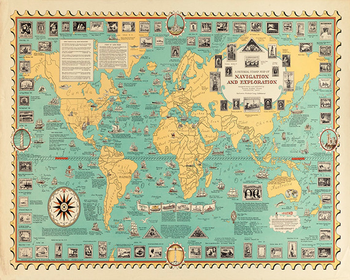 Pictorial Stamp Map of Navigation and Exploration. Vintage - Etsy