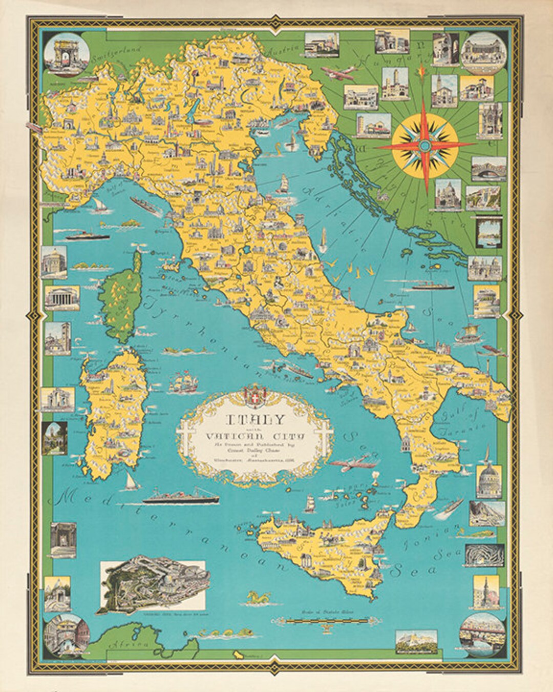 Pictorial Map of Italy. Vintage Restoration Hardware Home Deco Style ...