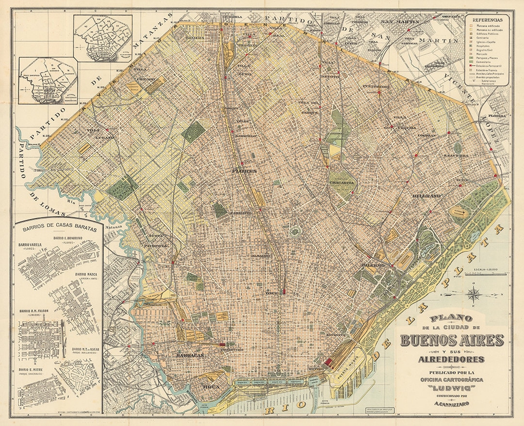 Map of Buenos Aires, Argentina. 1929 Vintage Home Deco Style Old Wall ...