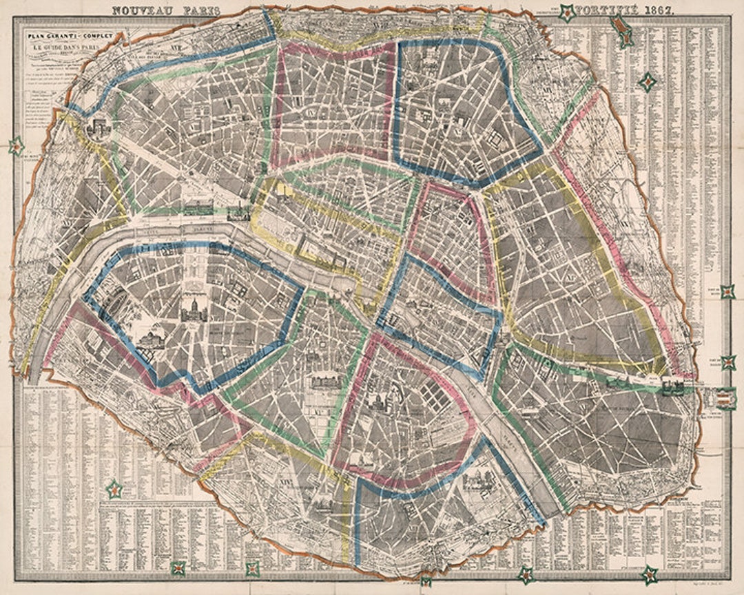 Map of Paris, France, 1867. Restoration Hardware Home Deco Style Old ...