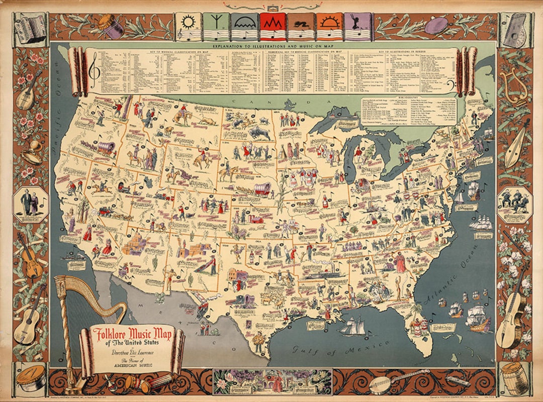 Folklore Music Map of the United States 1945. Laurence, Dorthea Dix ...