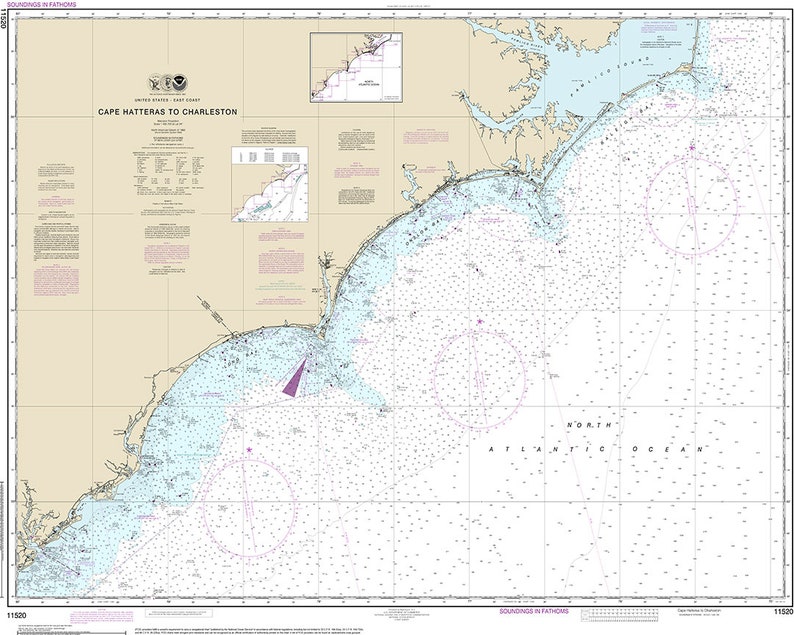 Nautical Charts of Cape Hatteras to Charleston 11520 East | Etsy