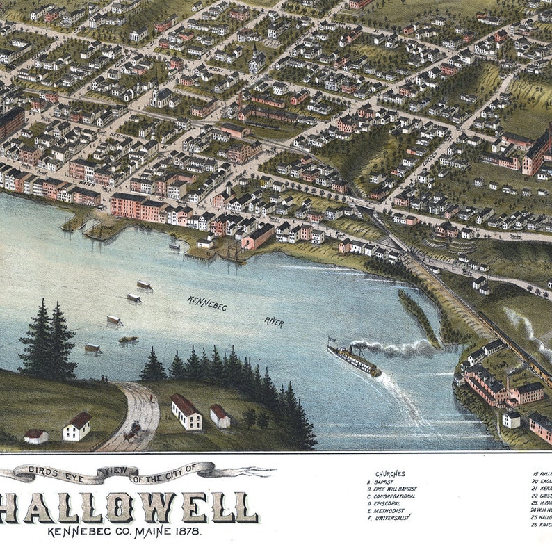 Map of Hallowell Kennebec Co. Maine 1878. Vintage - Etsy