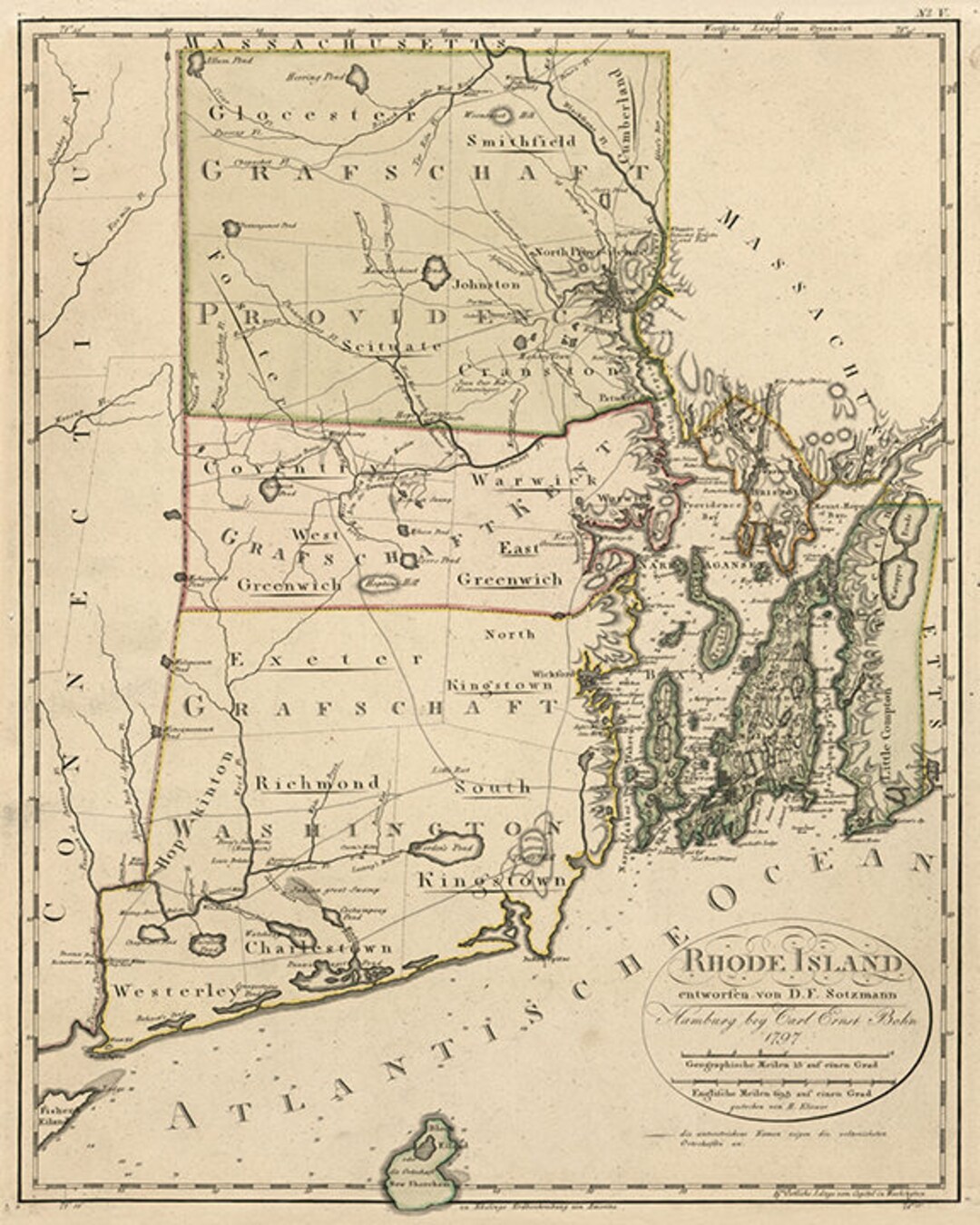 Map of Rhode Island RI, 1797. Vintage Home Deco Style Old Wall ...