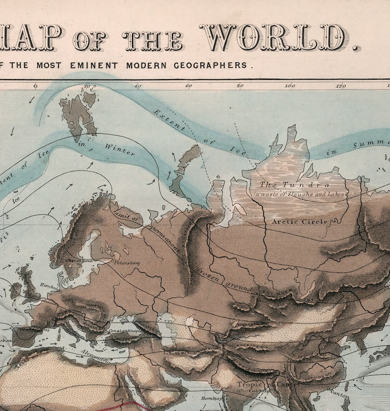 Physical map of the World 1849 Vintage home Deco Style old | Etsy