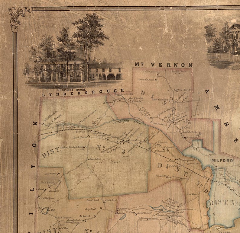 Map of Milford, Hillsborough County, New Hampshire NH 1854. Vintage ...