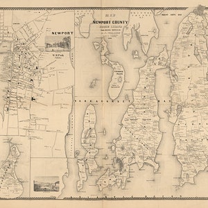 Map of Newport County, Rhode Island RI, 1850. Vintage Restoration ...