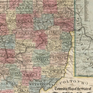 Map of Ohio OH Including County Line, 1851. Vintage Home Deco Style Old ...