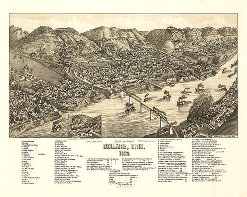 Map of Bellaire, Belmont Co., Ohio OH, 1882. Vintage Restoration ...
