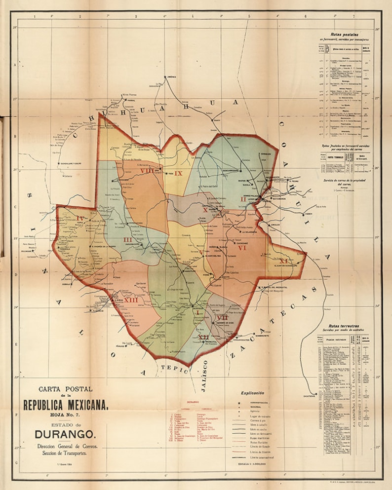 Map of Durango, Mexico, 1904. Vintage Restoration Hardware Home Deco ...