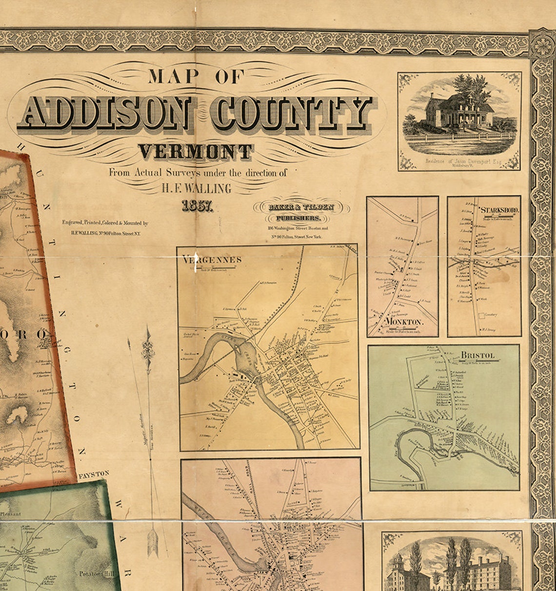 Map of Addison County Vermont VT 1857. Vintage Restoration - Etsy