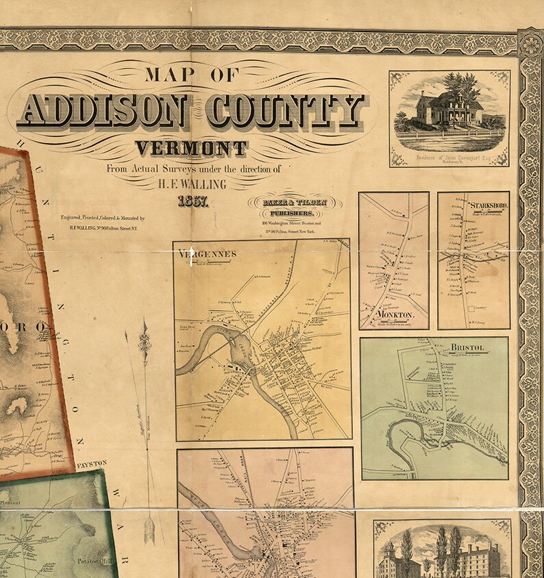 Map of Addison County Vermont VT 1857. Vintage Restoration - Etsy