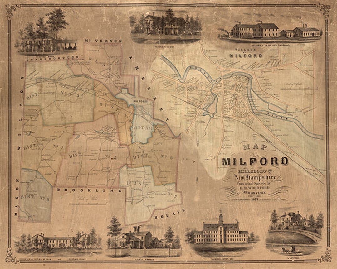 Map of Milford, Hillsborough County, New Hampshire NH 1854. Vintage ...