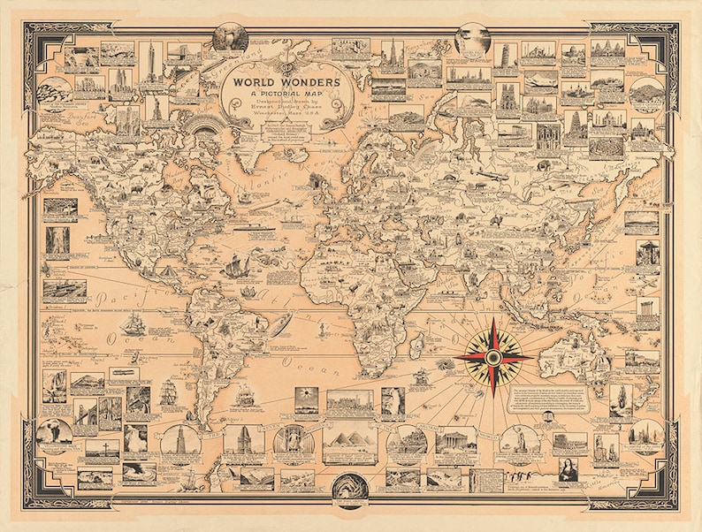 Mapa pictórico de las maravillas del mundo. Vintage home - Etsy España