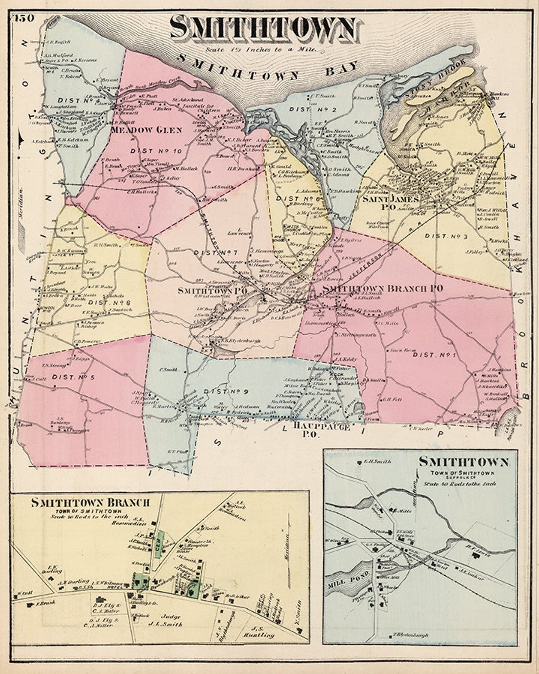 Map of Smithtown, Suffolk County, Long Island, New York NY 1873 ...