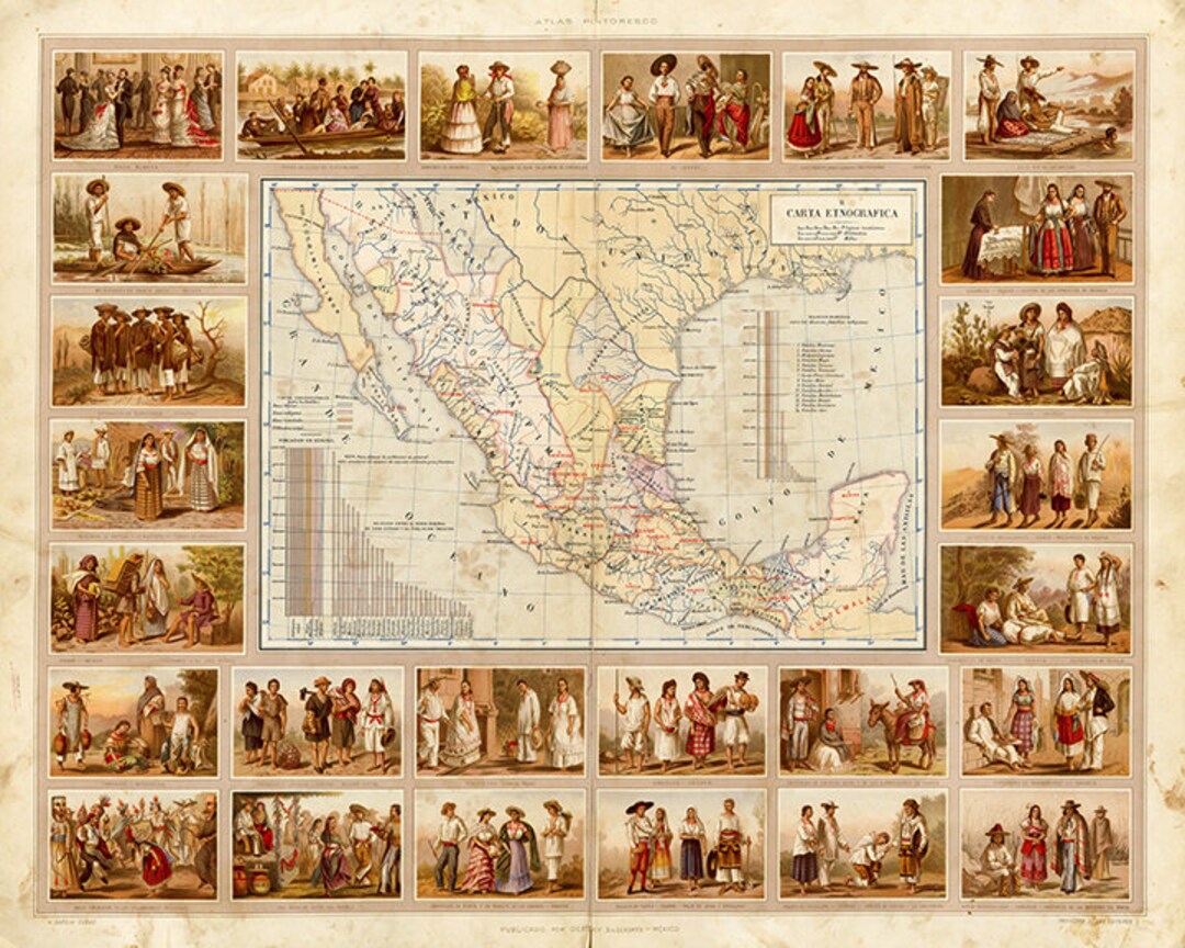 Ethnographic Map of Mexico 1885. Carta Etnografica. Vintage Home Deco ...