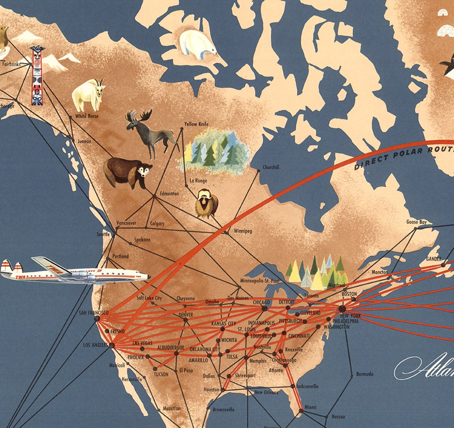 Map of Trans World Airline TWA Routes. Vintage Restoration | Etsy