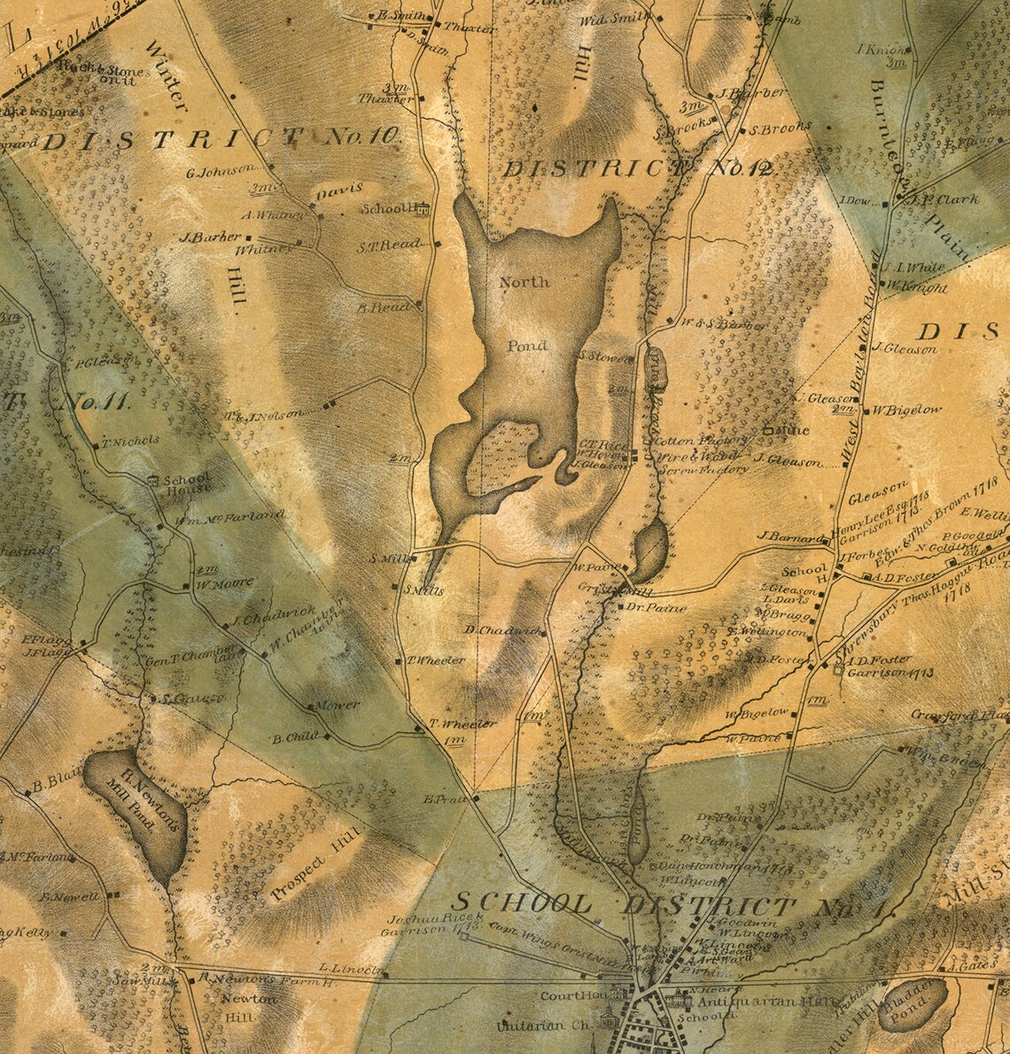 Map of Worcester, Worcester County, Massachusetts MA 1833. Vintage ...