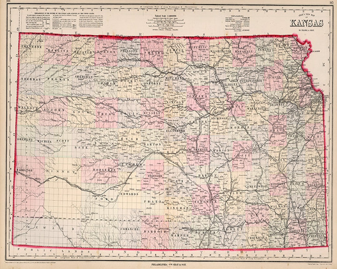 Map of Kansas State. 1881 Vintage Home Deco Style Old Wall Reproduction ...