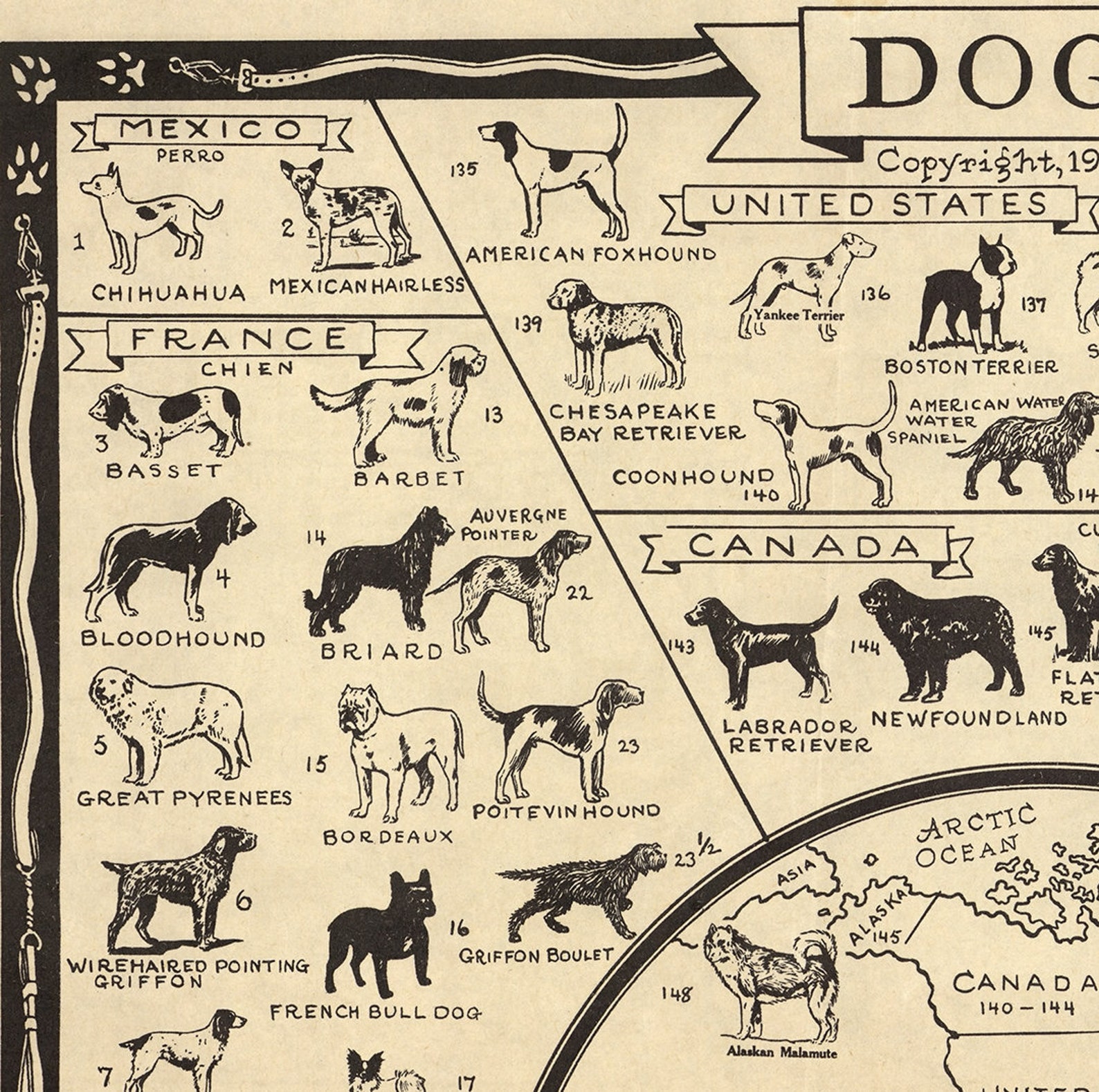 Dogs of All Nations Map. Vintage Home Style Old Wall | Etsy