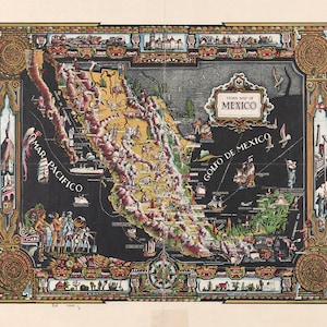 Pictorial Map of Mexico. Vintage Restoration Hardware Home Deco Style ...