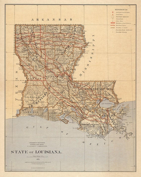 Map of Louisiana 1876. Vintage restoration hardware home Deco | Etsy
