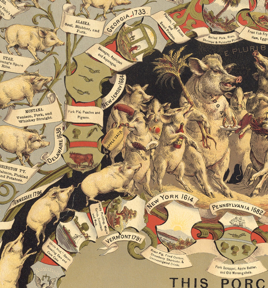 Map of U.S. Porcineograph Pig united States Shaped Like Hog | Etsy