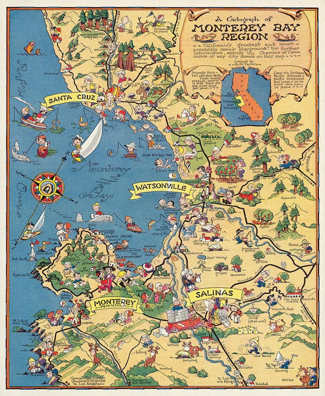 Pictorial Map of Monterey Bay Region, California. Home Deco Style Old ...