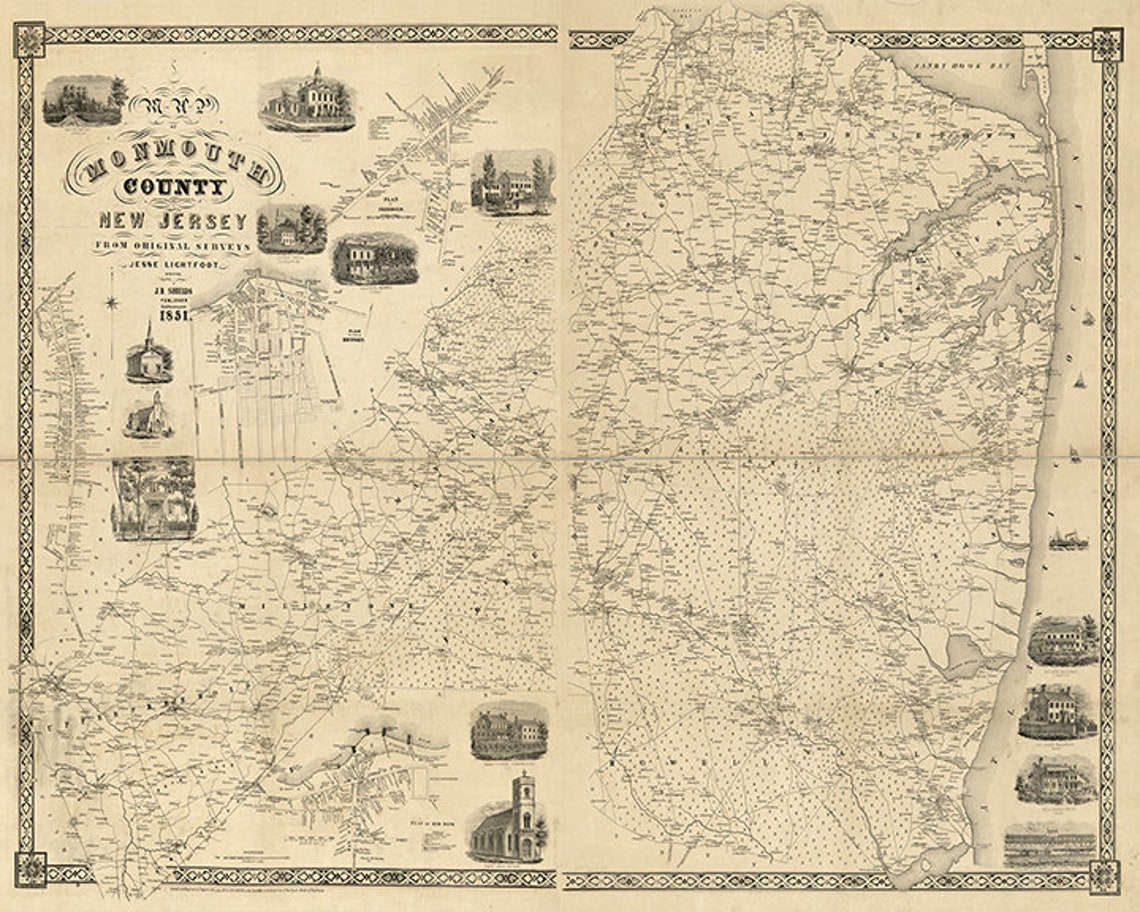 Map of Monmouth County. New Jersey NJ 1851 Vintage - Etsy