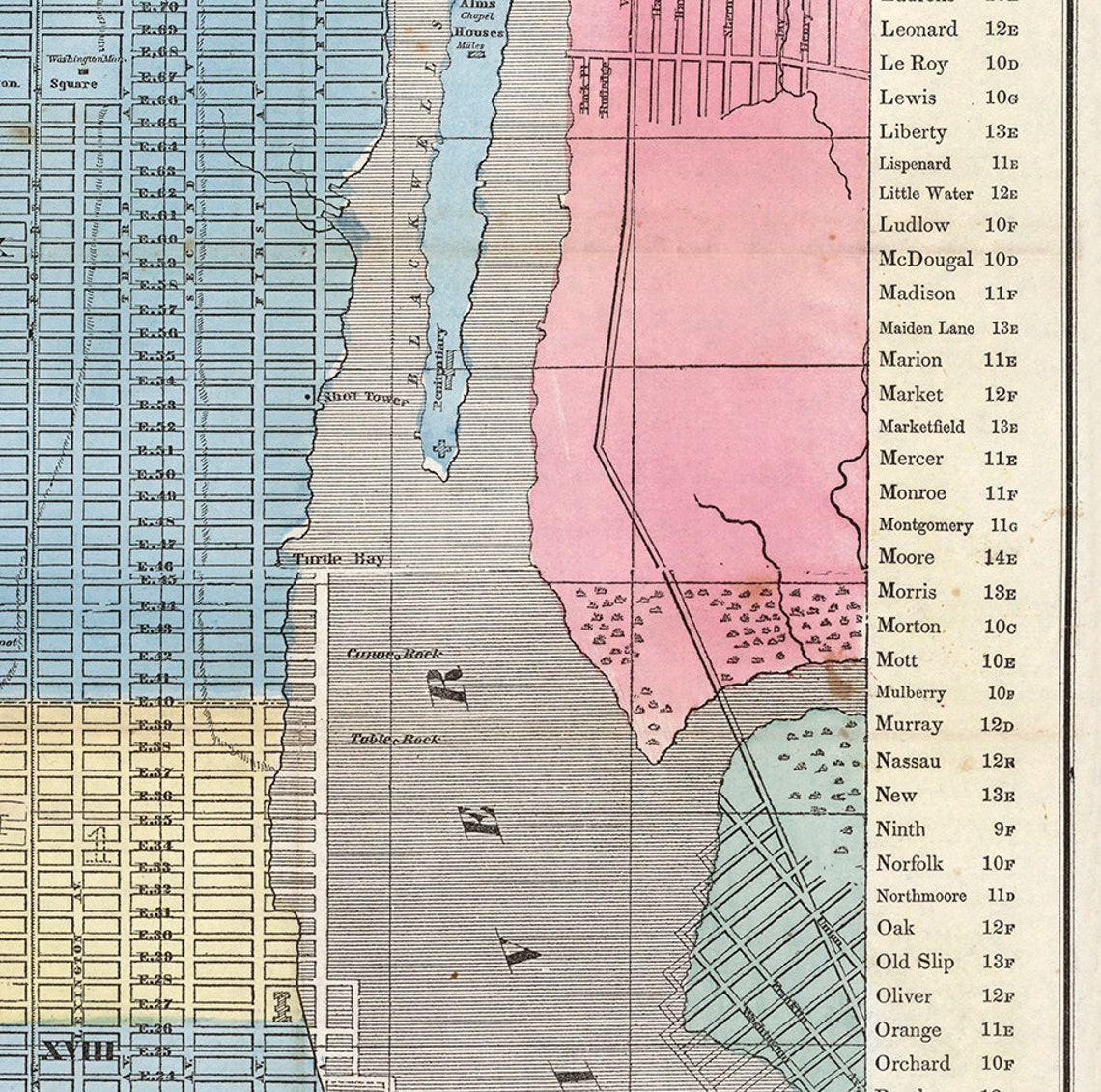 Map of New York City, Lower Manhattan, 1850. Vintage Restoration ...