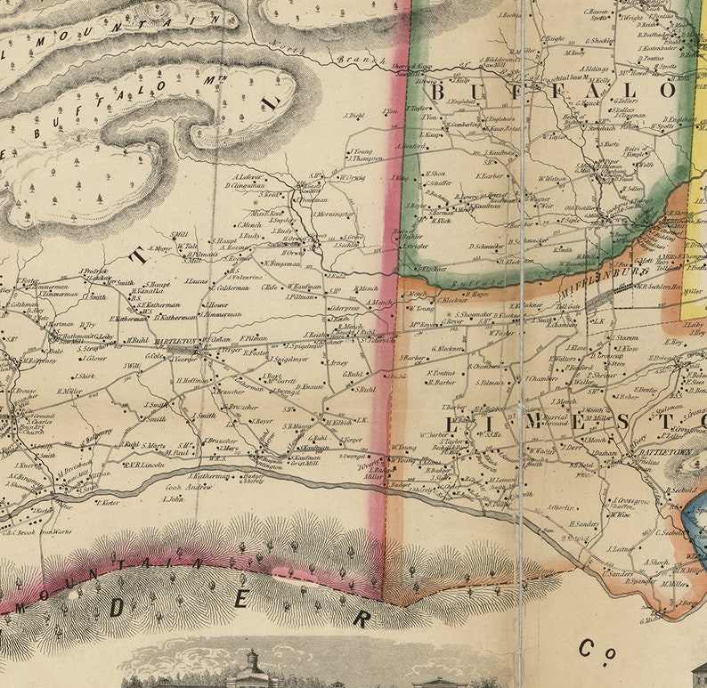 Map of Union County Pennsylvania 1856. Vintage restoration | Etsy