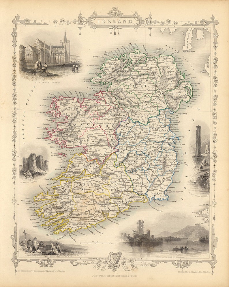 Map of Ireland, 1851. Vintage Home Deco Style Old Wall Reproduction Map ...