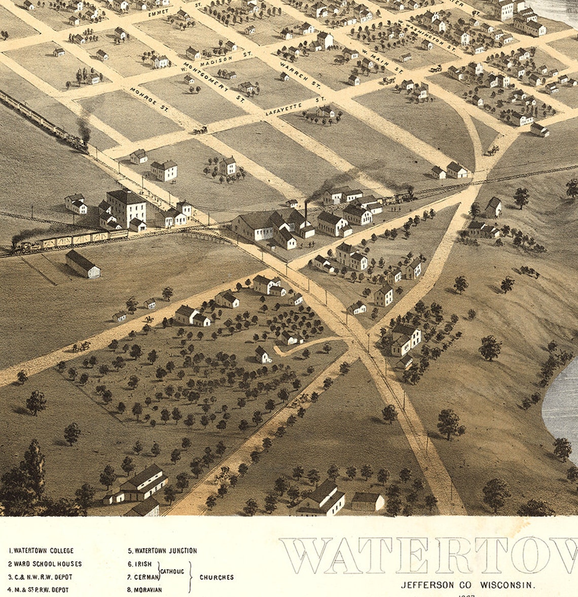 Map of Watertown, Jefferson Co., Wisconsin 1870, WI. Vintage ...