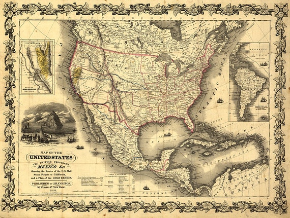 United States the British provinces Mexico Reproduction Map | Etsy