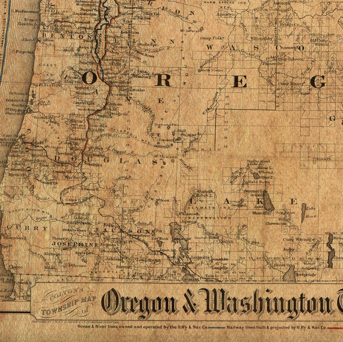 Map of Oregon & Washington State 1880. Vintage restoration | Etsy