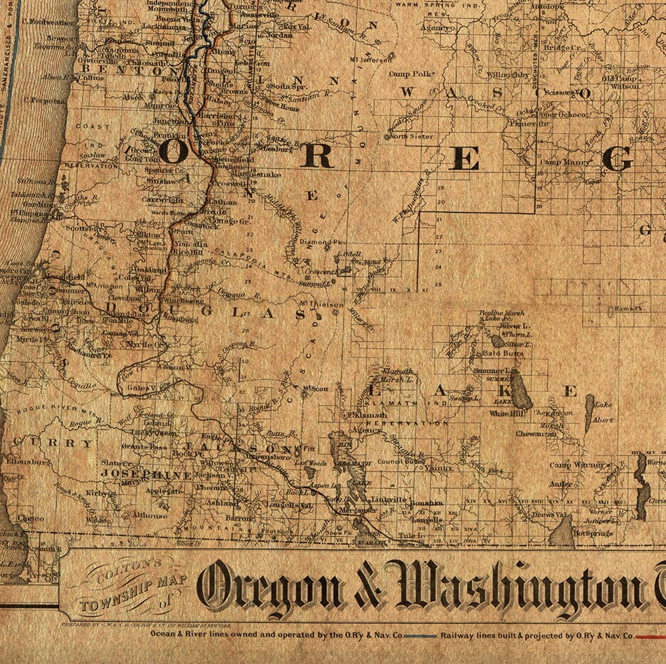 Map of Oregon & Washington State 1880. Vintage restoration | Etsy