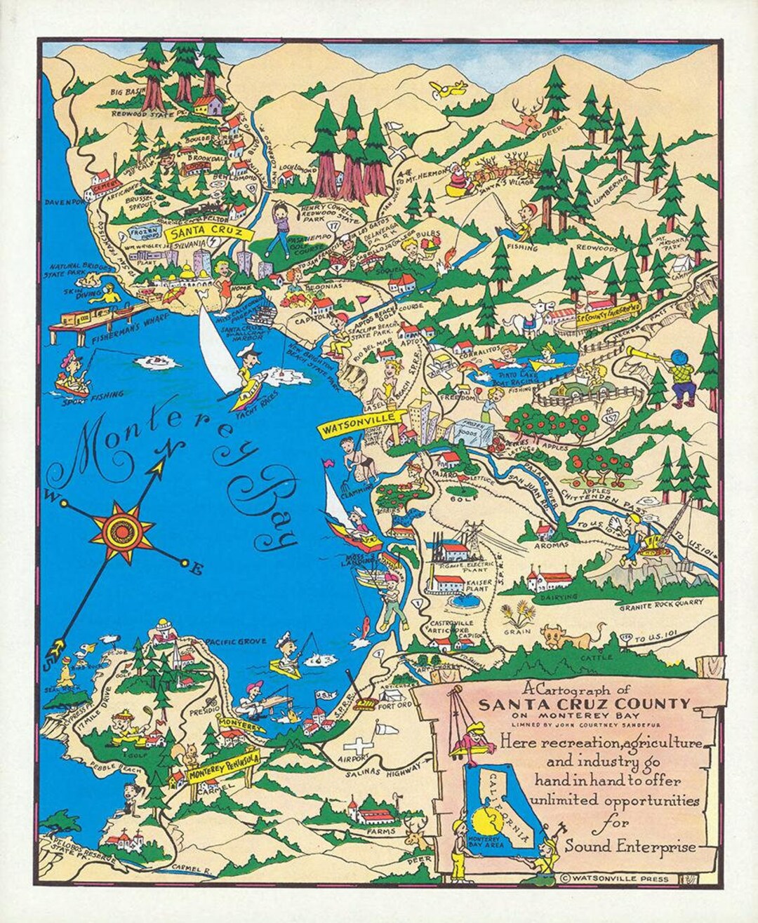 Pictorial Map of Santa Cruz County on Monterey Bay, California. Home ...