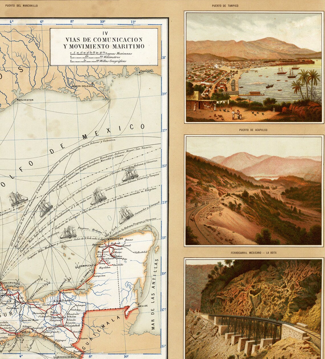 Transportaton System Map of Mexico 1885. Vias De Comunicacion - Etsy