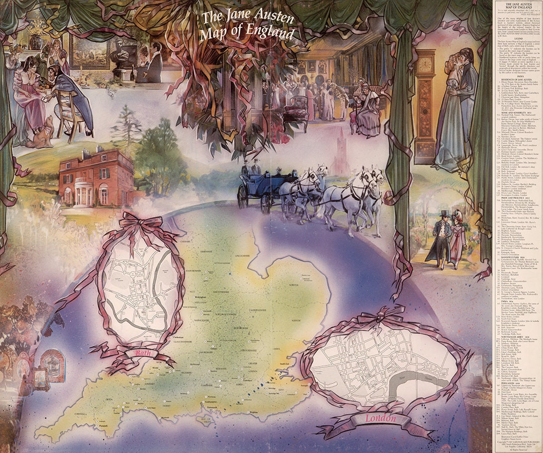 The Jane Austen Map of England. Home Deco Style Old Reproduction. - Etsy
