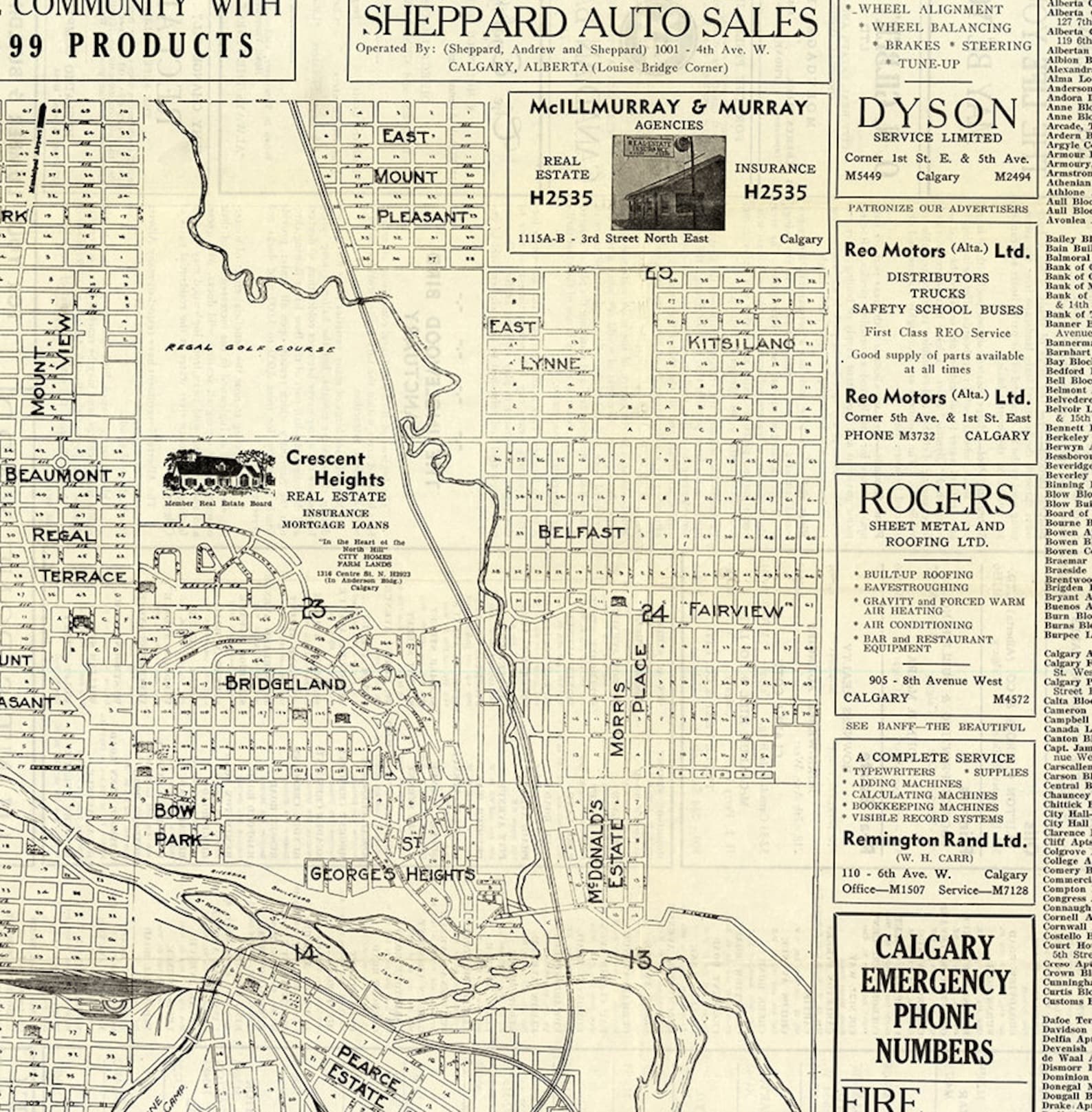 Map of Calgary, Alberta, Canada in 1950. Restoration Hardware Home Deco ...