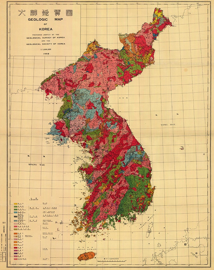 Map of North and South Korea With Geologic Information. | Etsy UK