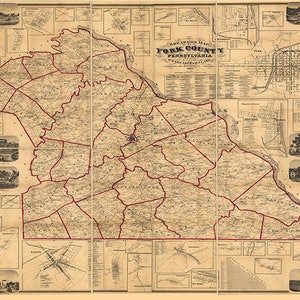 Map of York County, Pennsylvania PA 1860. William Otis Shearer. Vintage ...