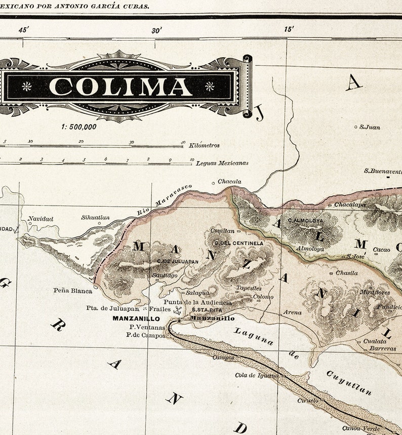 Map of Colima, Mexico, 1886. Vintage Home Deco Style Old Wall ...