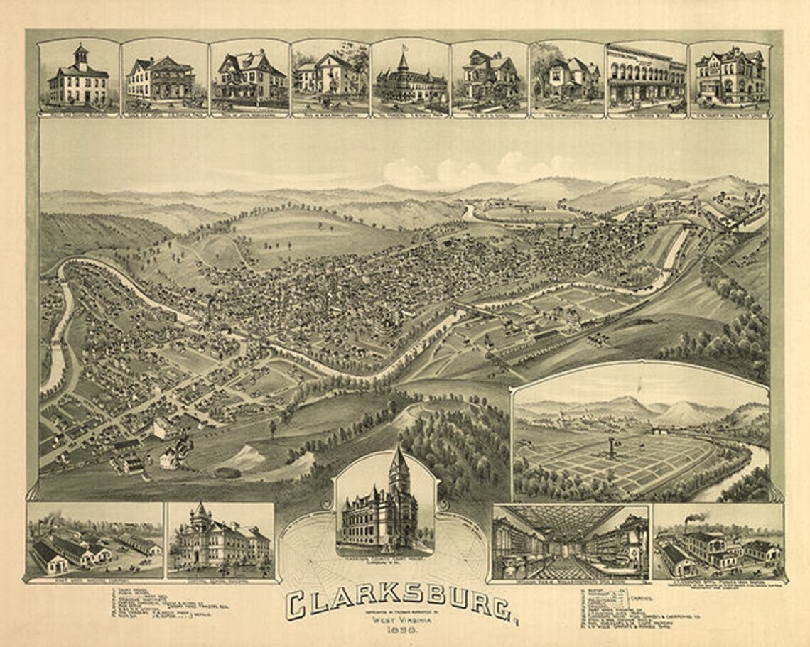 Map of Clarksburg Harrison Co. West Virginia WV. 1898. - Etsy
