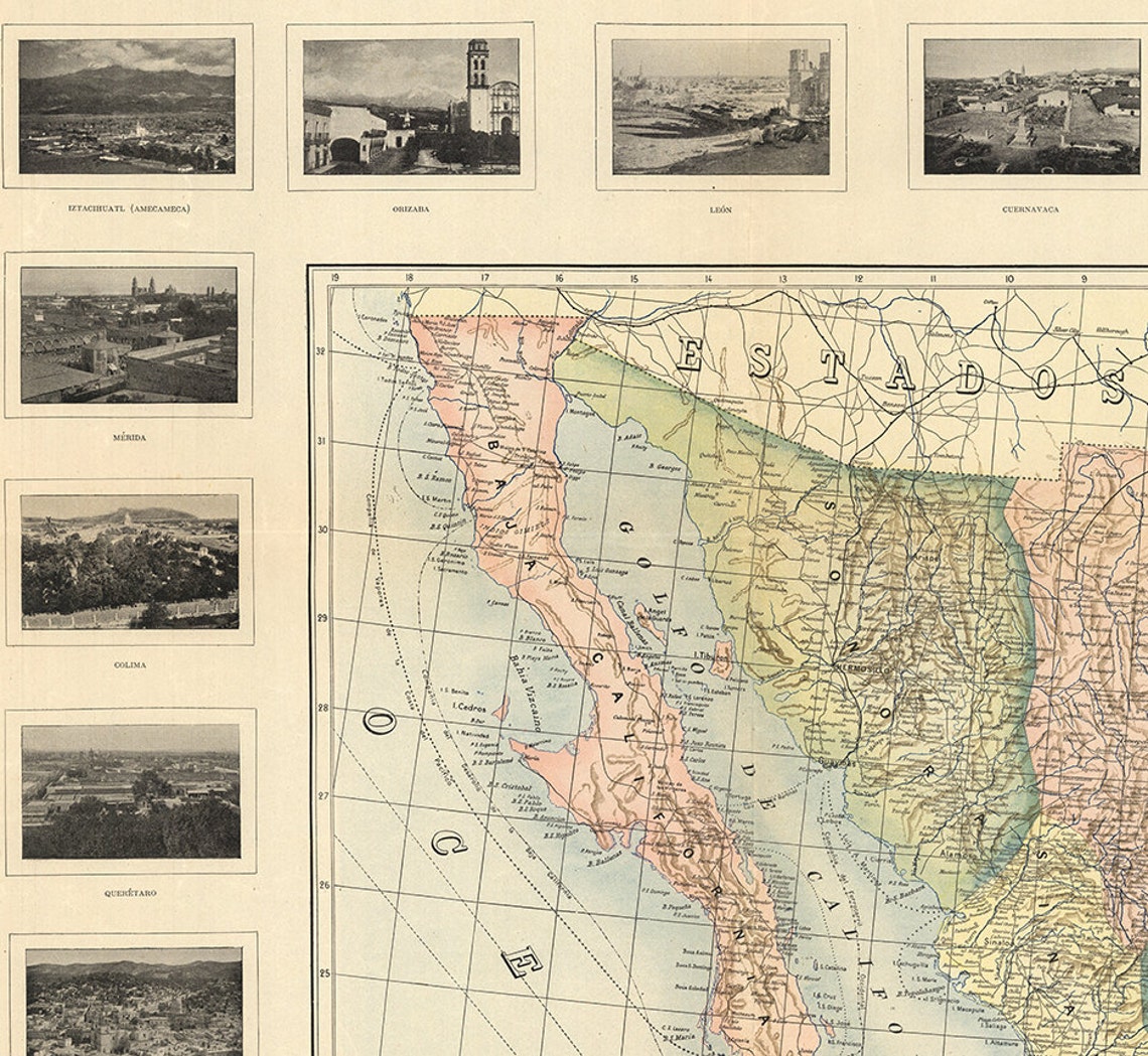 Map of Mexico Carta General De La Republica Mexicana 1900. | Etsy