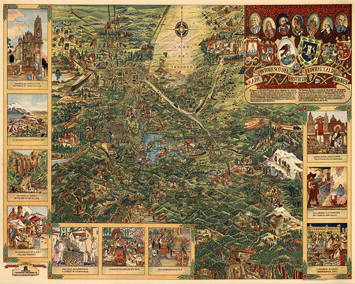 Pictorial Map of Valley of Mexico Mexico City. Vintage - Etsy